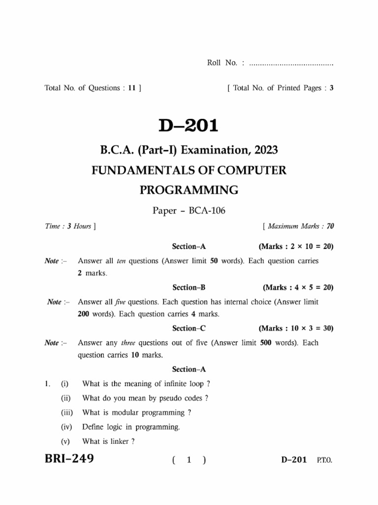 Bca Part 1 Fundamentals of Computer Programming D 201 2023 | PDF