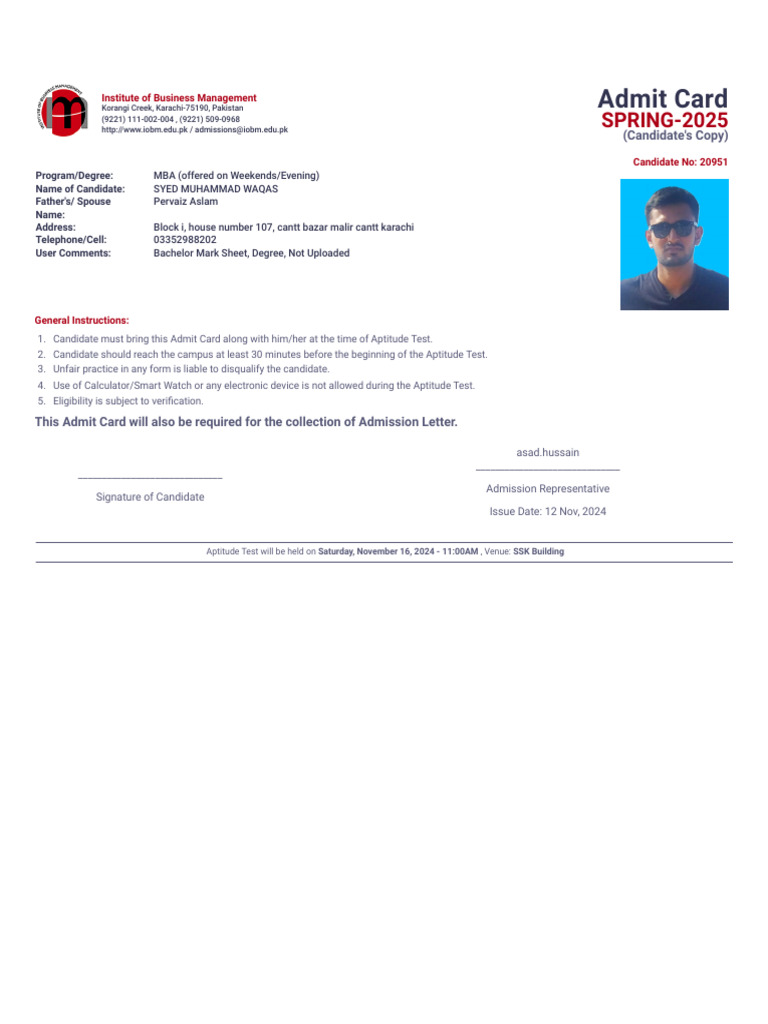 admit card iobm | PDF