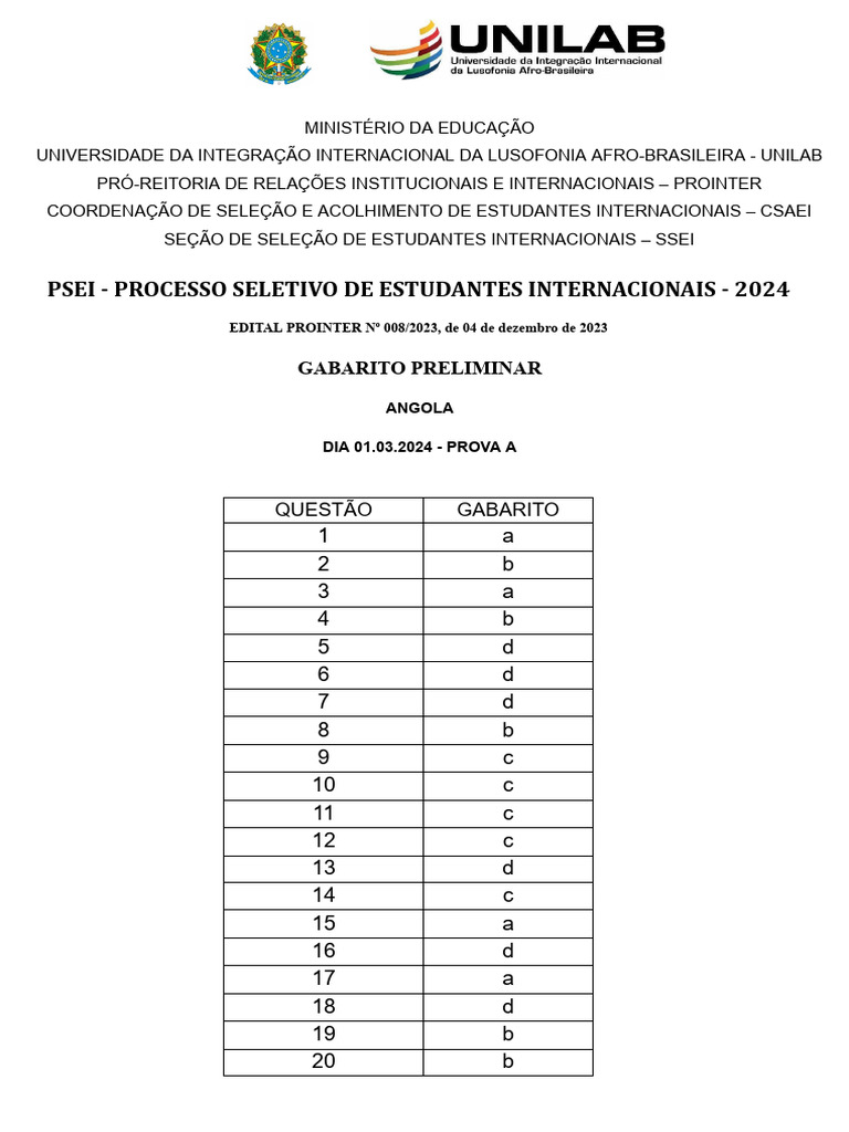 Gabarito Angola Psei 2024 | PDF