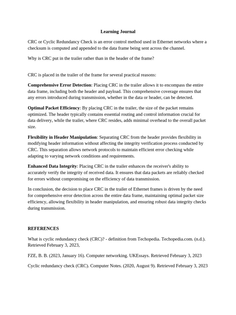 CRC Placement in Ethernet Frames | PDF