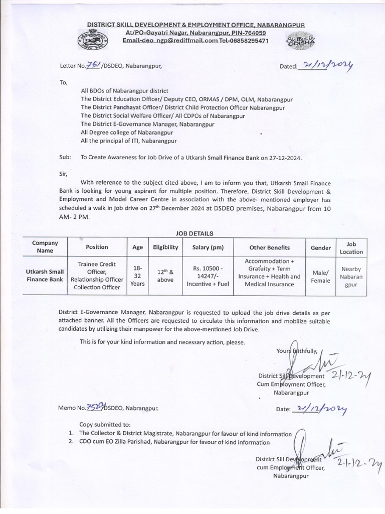 751-Job Drive of A Utkarsh Small Finance Bank On 27-12-2024 of District ...