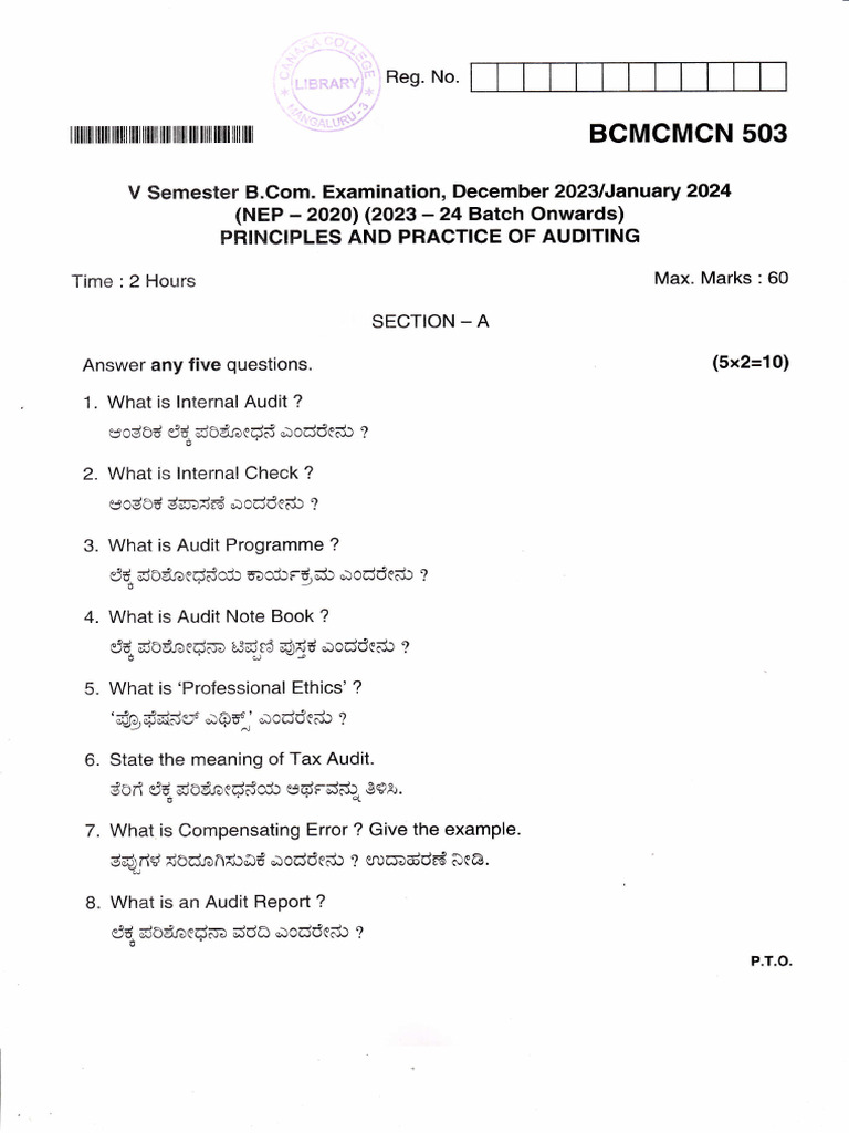 NEP B.com V Sem Principles & Practice of Auditing | PDF | Audit | Financial Services