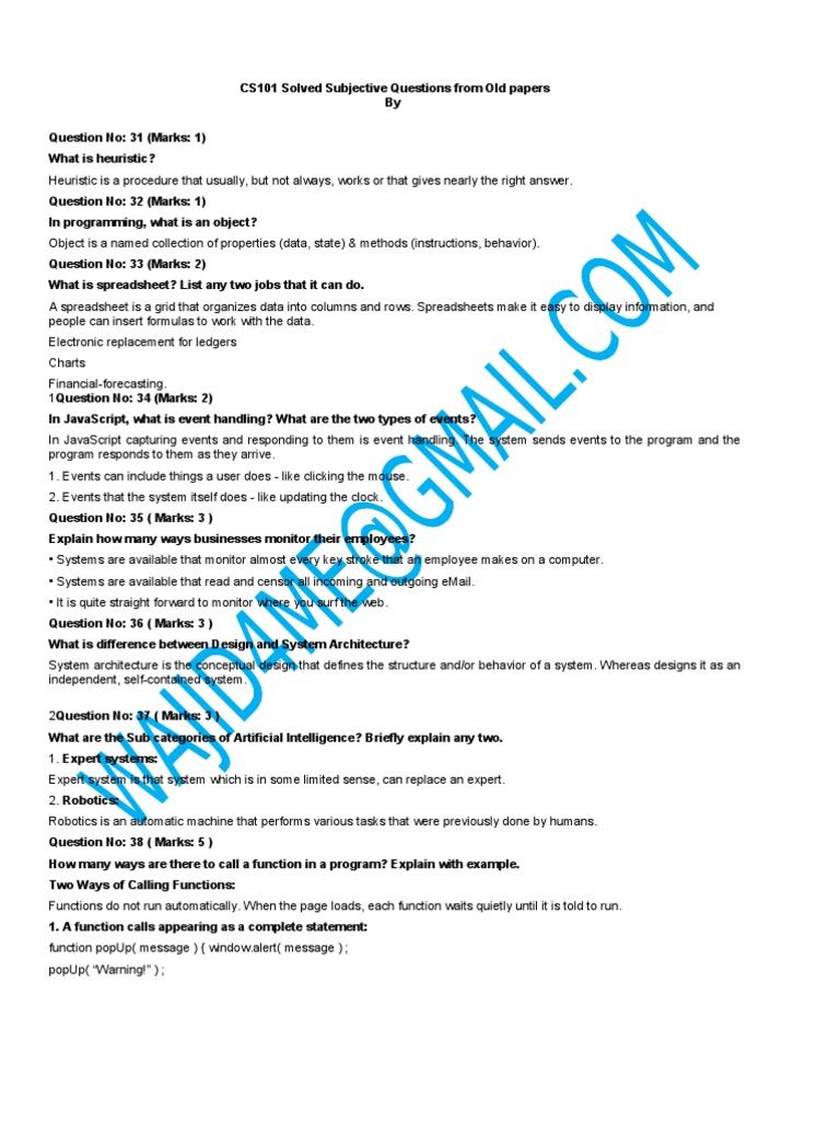 CS101 Solved Subjective Questions From Old Papers | PDF | Java Script | Subroutine