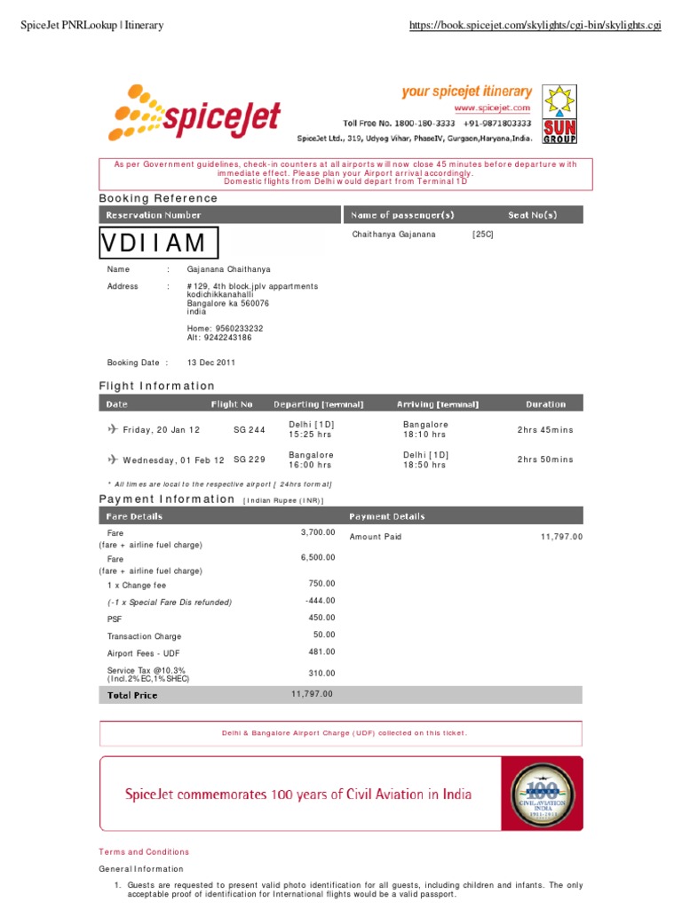 SpiceJet PNRLookup - Itinerary | PDF | Baggage | Identity Document