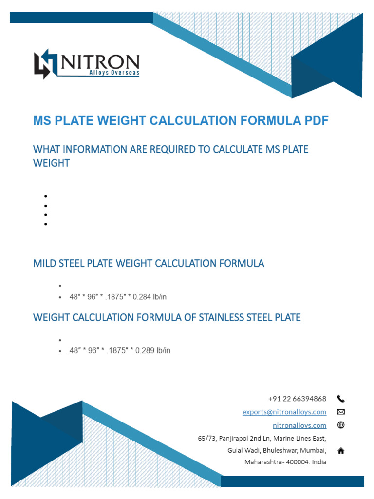 Mild Steel Plate Weight Calculation Formula PDF | PDF | Pipe (Fluid ...