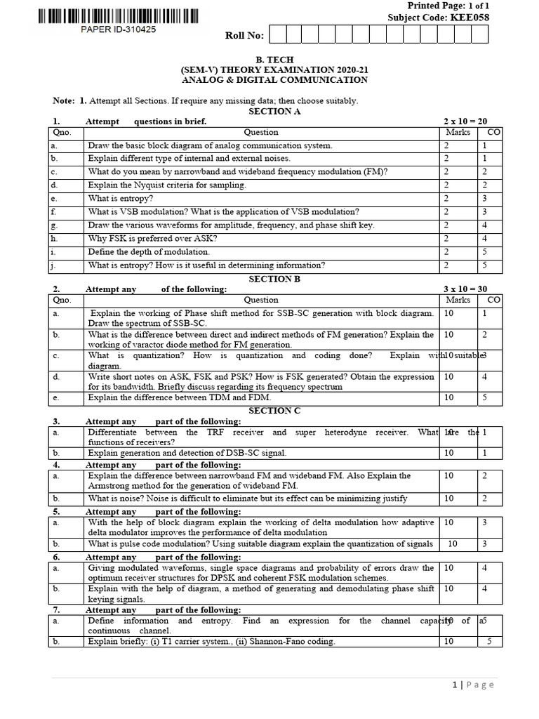 Btech Ee 5 Sem Analog and Digital Communication Kee058 2021 | PDF | Modulation | Frequency ...