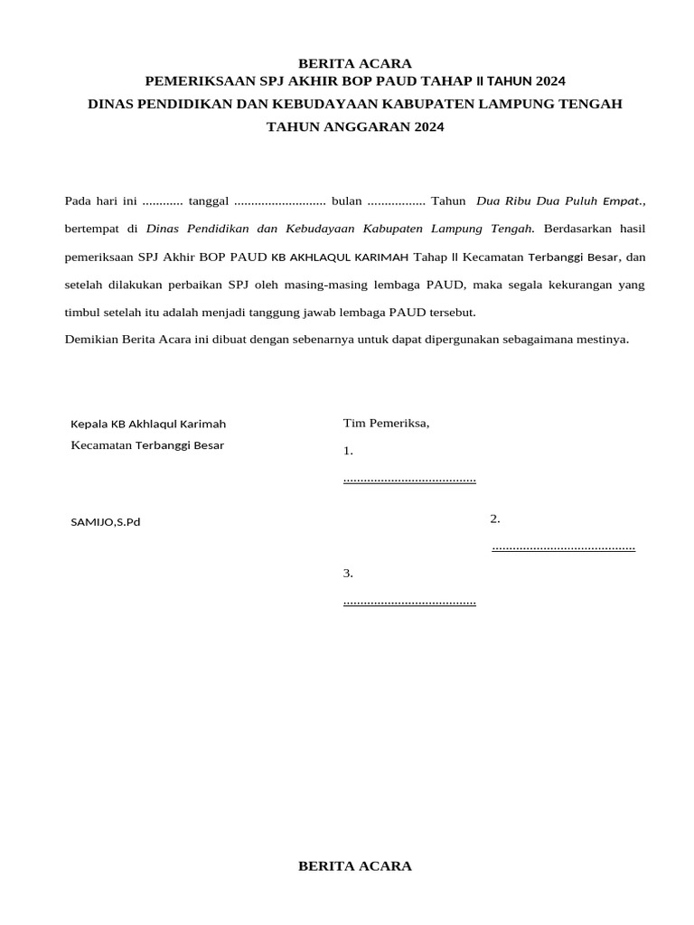 Berita Acara Pemeriksaan SPJ PAUD 2024 | PDF
