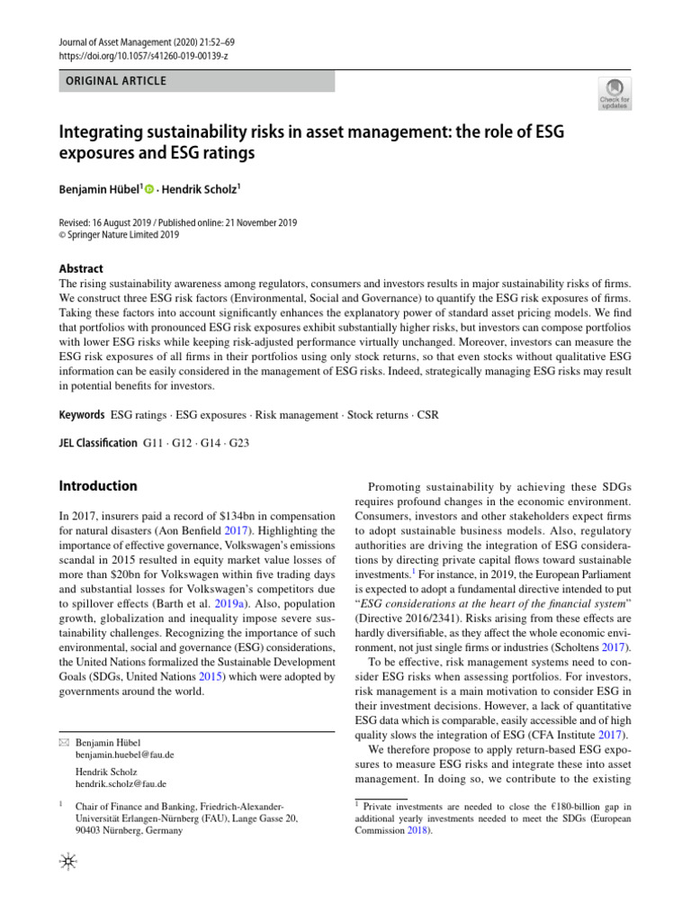 Integrating Sustainability Ris Pdf Risk Investing