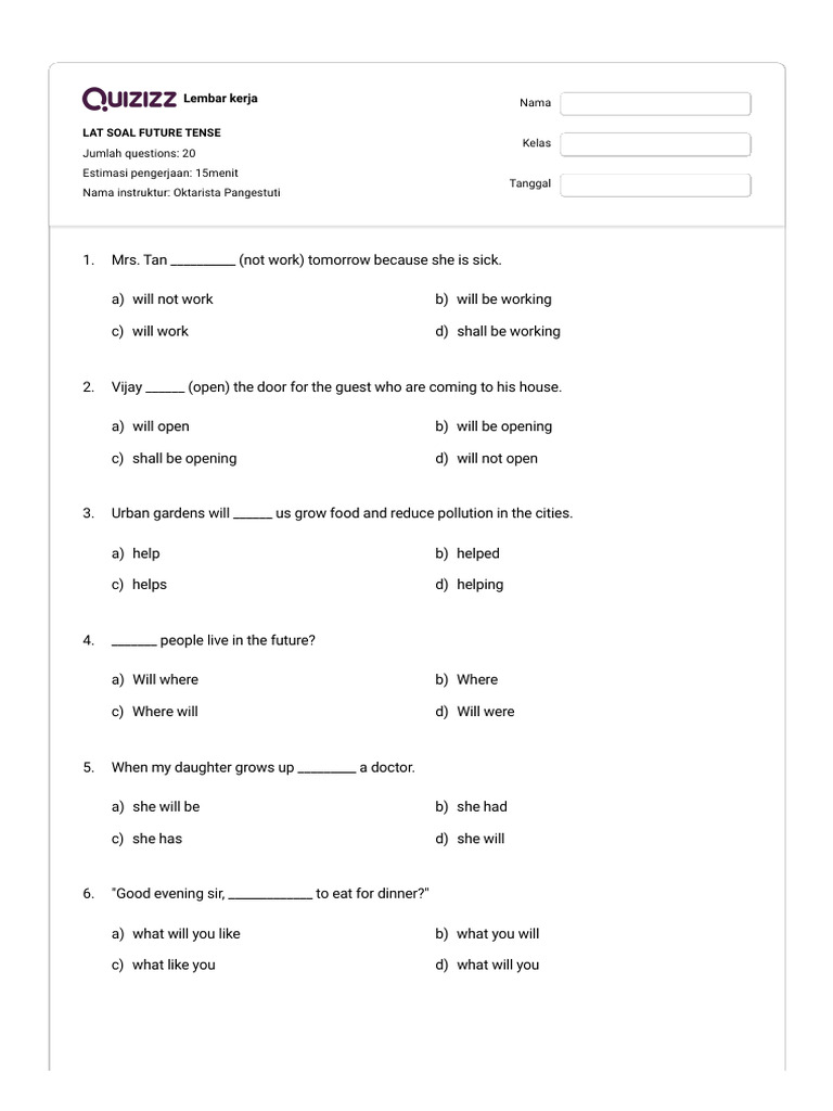 LAT SOAL FUTURE TENSE - Quizizz | PDF