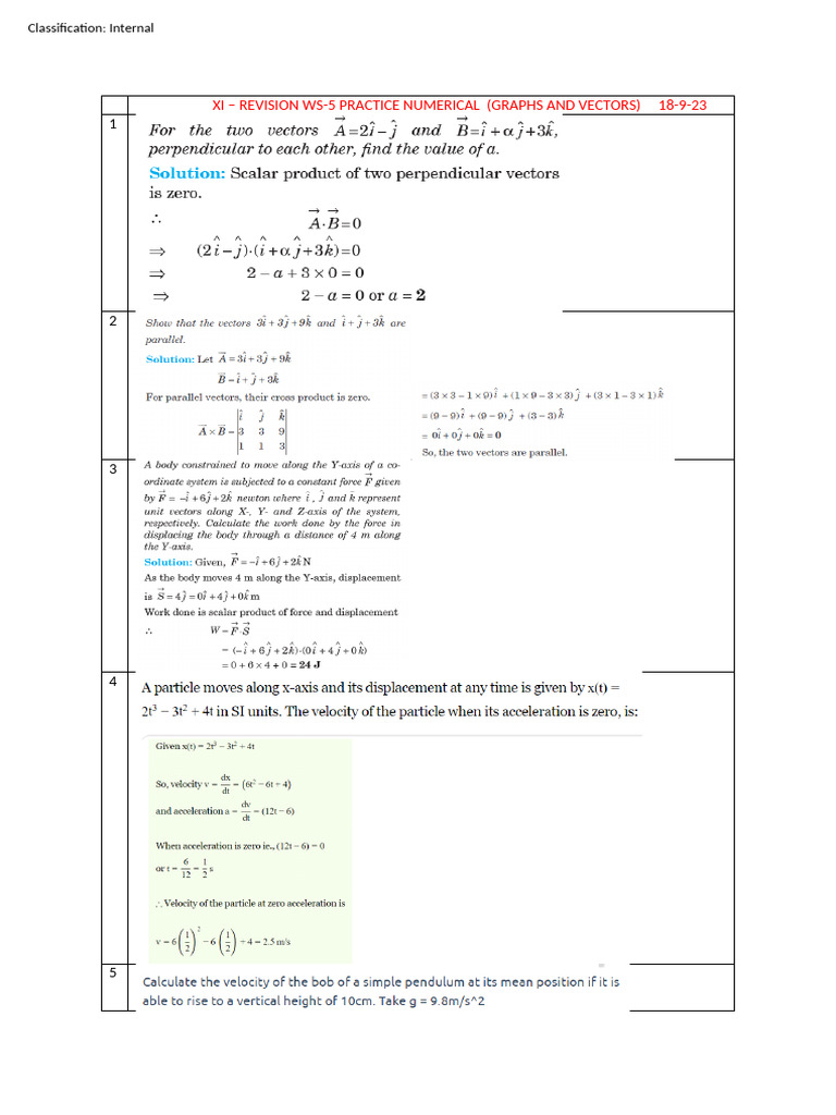 XI REVISION WS 5 - GRAPHS, VECTORS, NUMERICALS | PDF