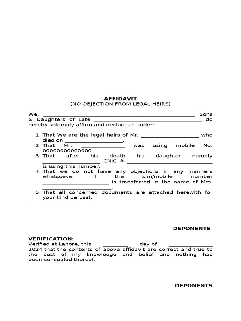 AFFIDAVIT NOC for Sim (Legal Heirs) DRAFT | PDF