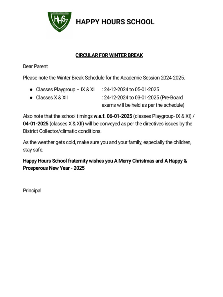 Happy Hours School: Circular For Winter Break | PDF