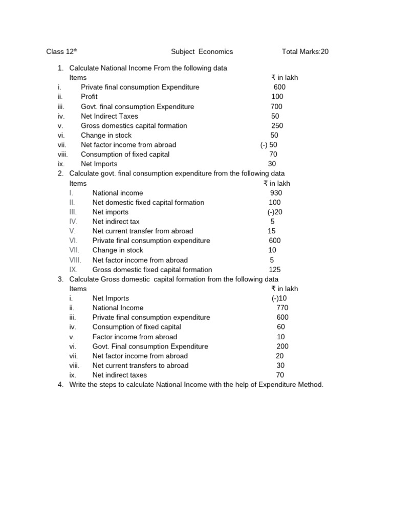 Class 12th Subject Economics Total Marks | PDF | Measures Of National ...