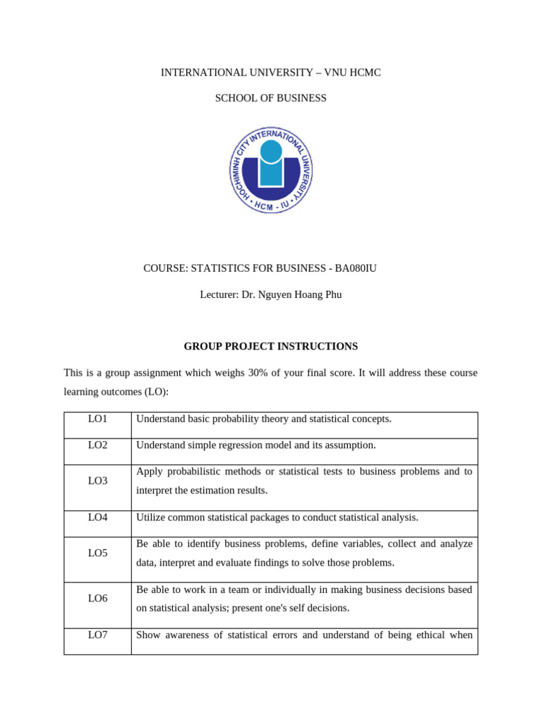 Group Project Guidelines for Business Statistics | PDF | Statistics ...