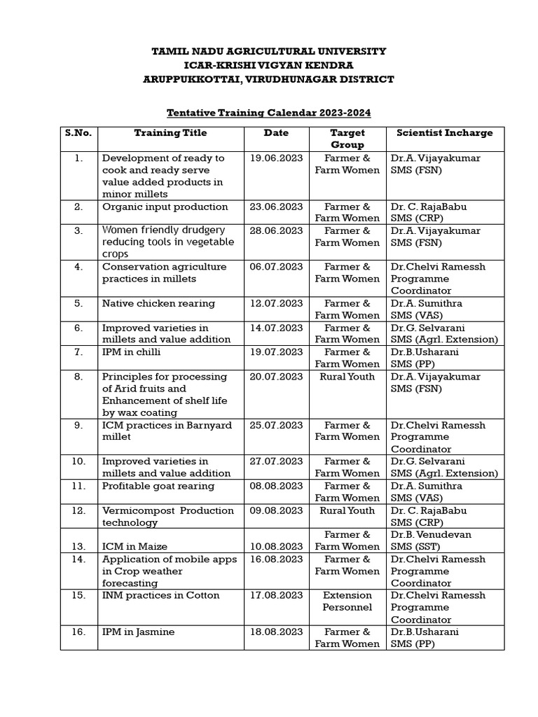 KVK Virudhunagar Tentative Training Calendar 2023 24 PDF