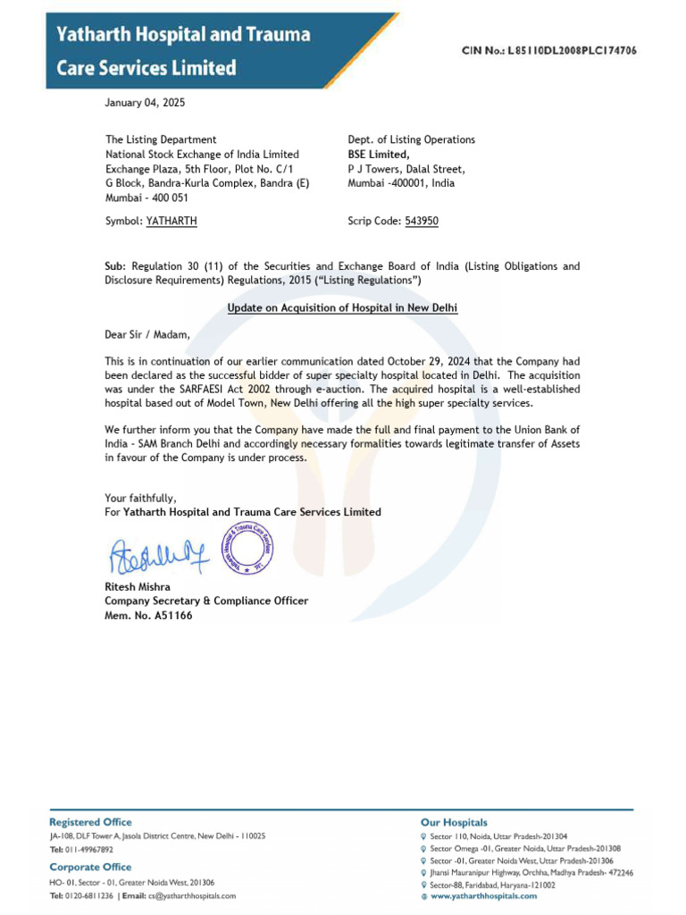 Yatharth Hospital Acquisition Update | PDF