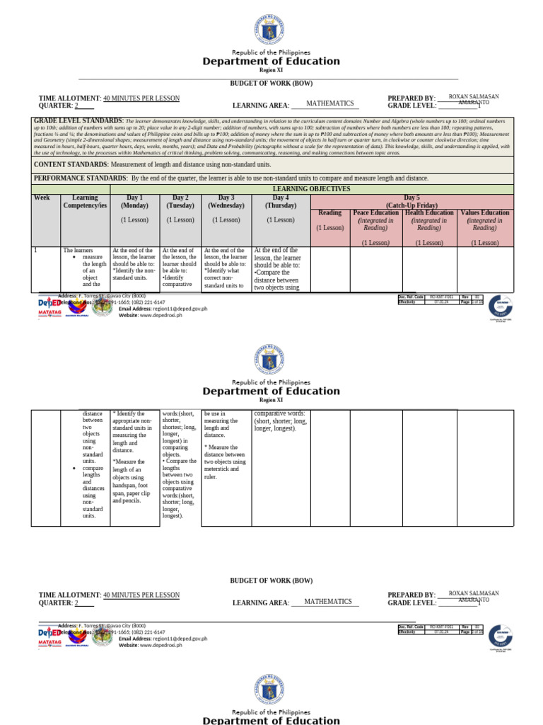 BOW MATHEMATICS GRADE1 Quarter2 Week1-8 | PDF | Learning | Mathematics