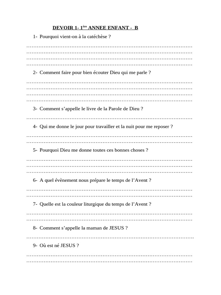 DEVOIR 1 - 1ère ANNEE ENFANT - B | PDF