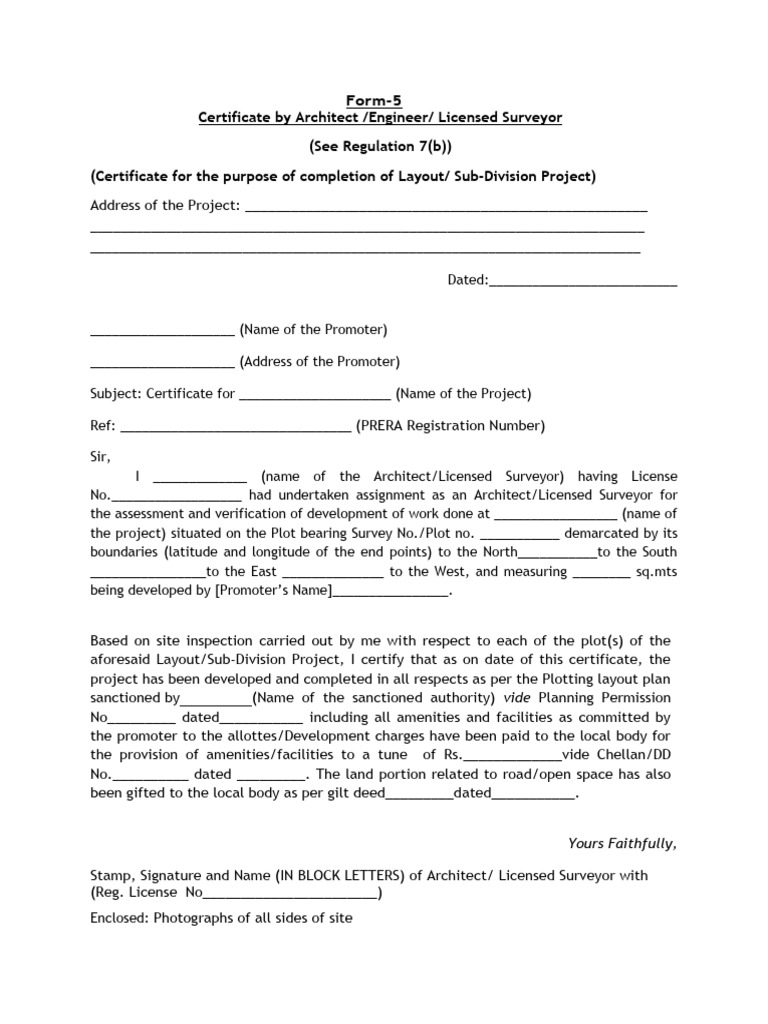 Architect Certificate for Sub-Division Project | PDF