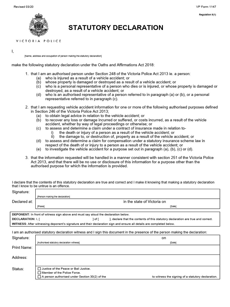 Vehicle Accident Statutory Declaration | PDF | Traffic Collision ...