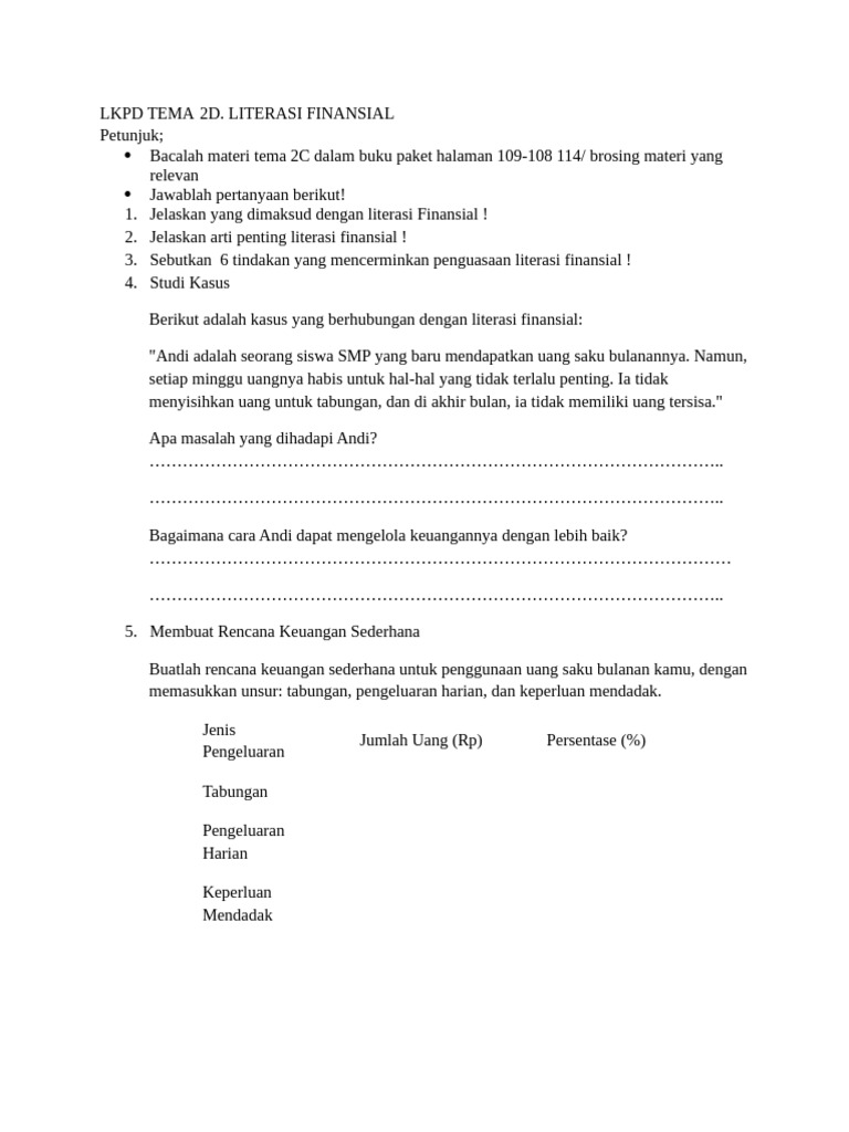 LKPD Tema 2D Literasi Finansial | PDF