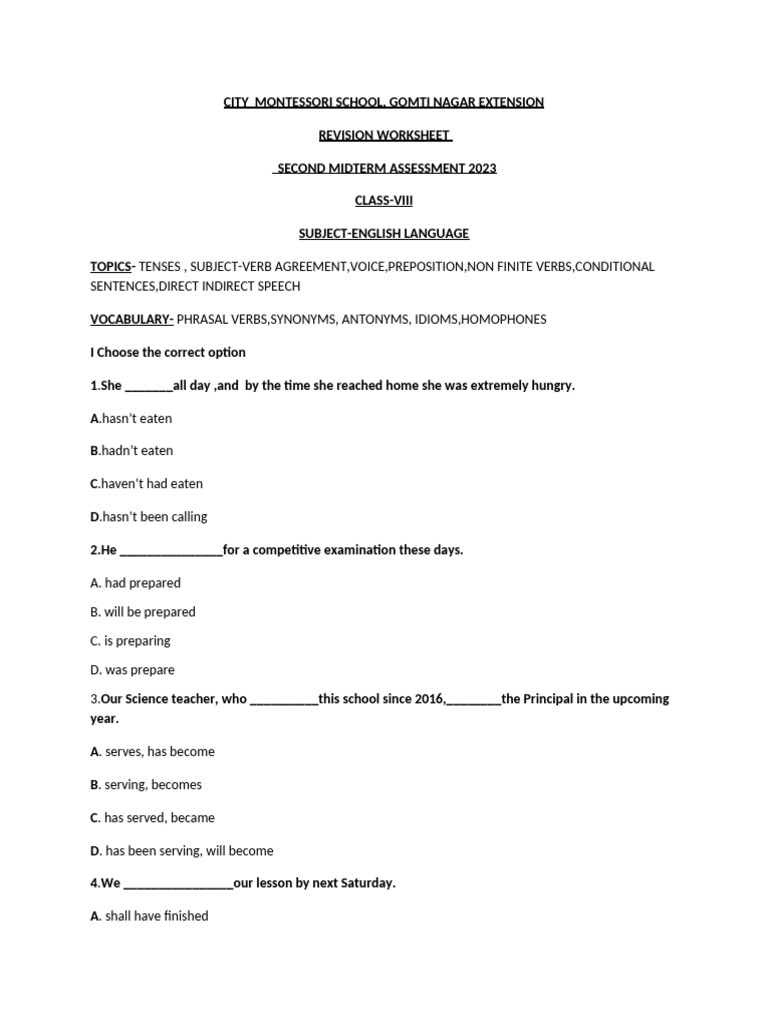 Revision Worksheet Lang Class Viii | PDF | Question | Semantics