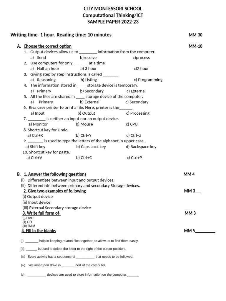 Class 3 Computer Sample Paper | PDF | Input/Output | Computer Data Storage