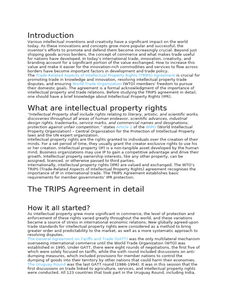 Introduction trips | PDF | Intellectual Property | Trips Agreement