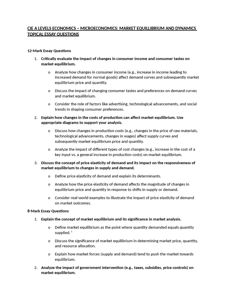 CIE A LEVELS ECONOMICS market equillibrium and dynamics 8 and 12 mark ...