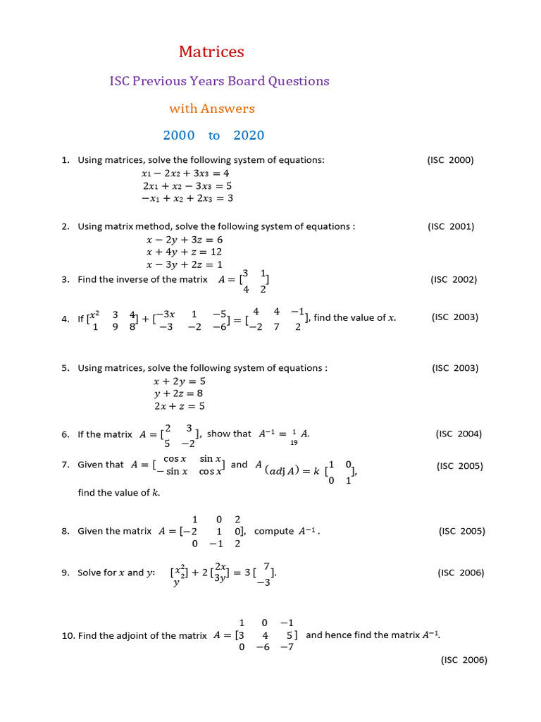 Matrices Previous Years Board Questions 2000 To 2020 With Answers of ...