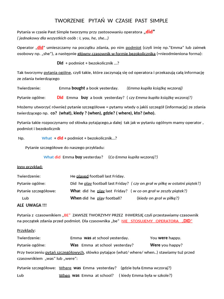 Pytania W Czasie Past Simple | PDF