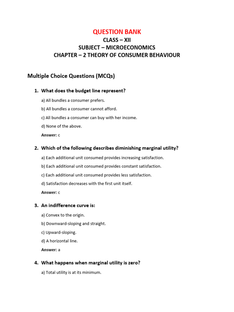 Class - 12 Eco CH-2 Question Bank | PDF | Utility | Economies
