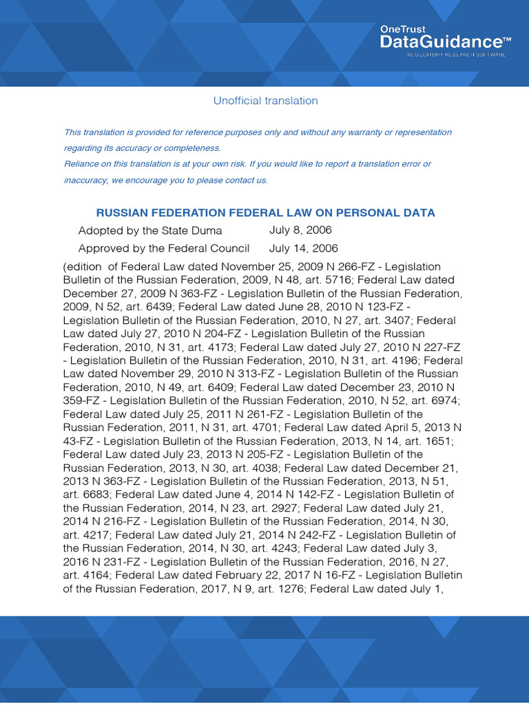 Russian Federal Law on Personal Data | PDF | Treaty | Law Of The United ...