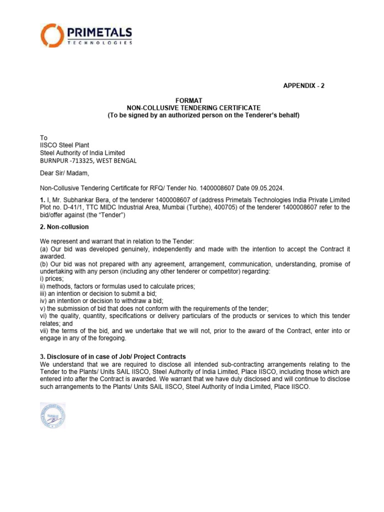 Non Collusive Certificate | PDF | Breach Of Contract | Business Law