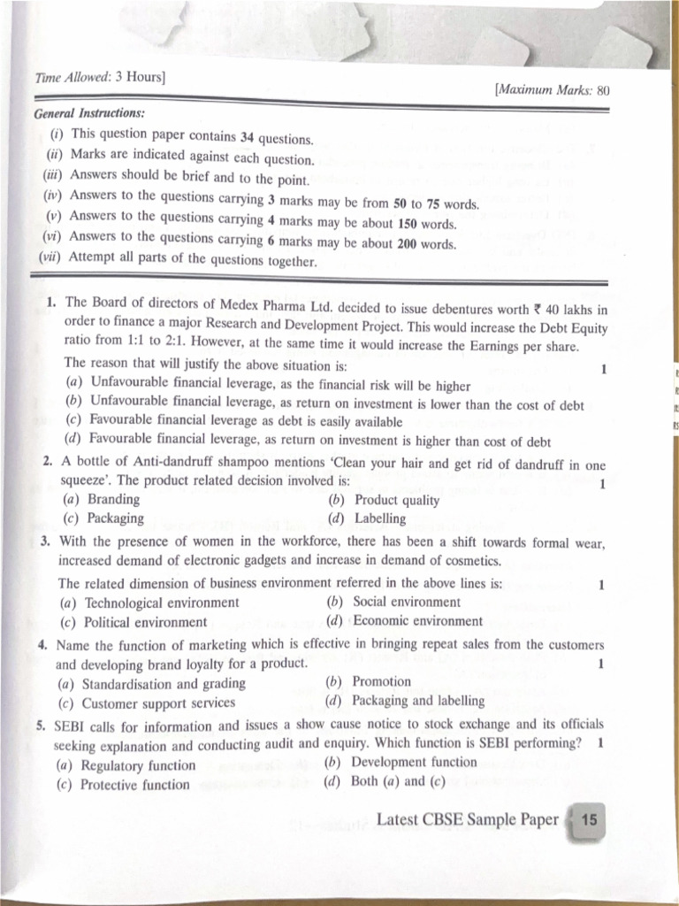 Sample paper 1 of Business Studies | PDF