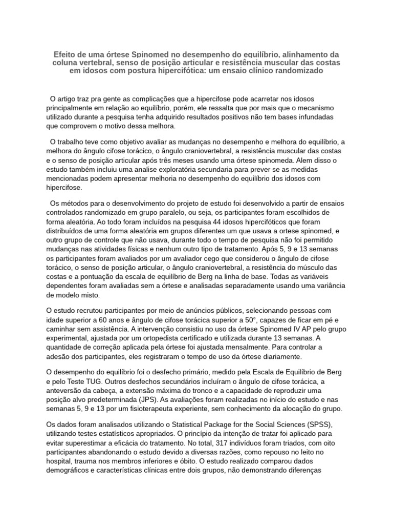 Efeito de uma órtese Spinomed no desempenho do equilíbrio, alinhamento ...