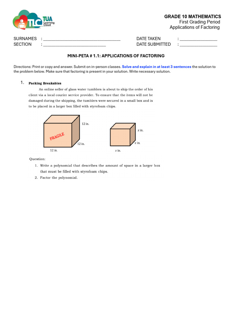 MINI-PETA # 1.1- APPLICATIONS OF FACTORING | PDF