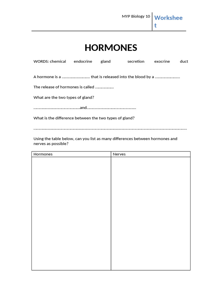 hormones_worksheet | PDF | Endocrine System | Hormone