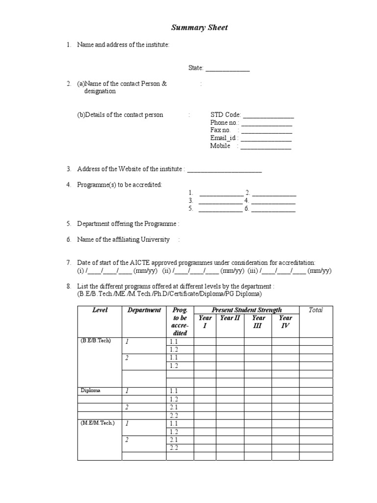 Summary Sheet: Present Student Strength Level Department Prog. To Be ...