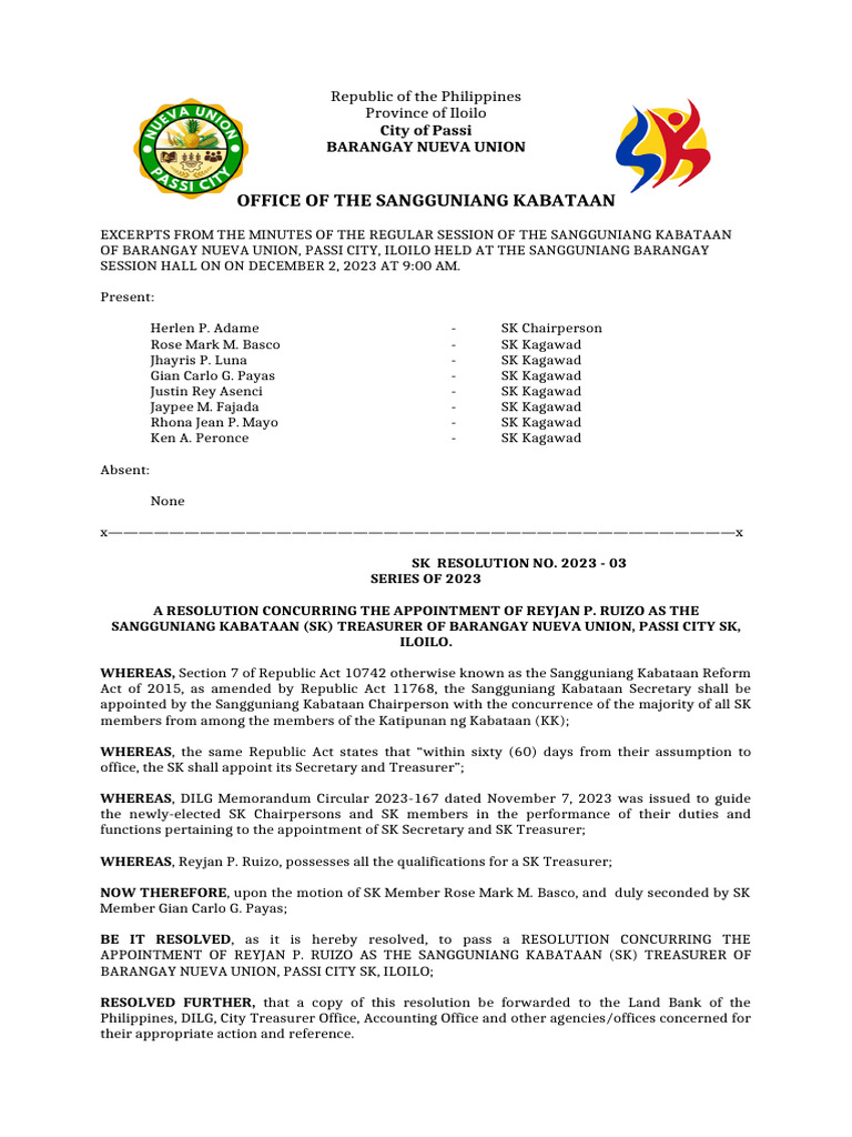 SK Resolution Concurrence of Treasurer | PDF