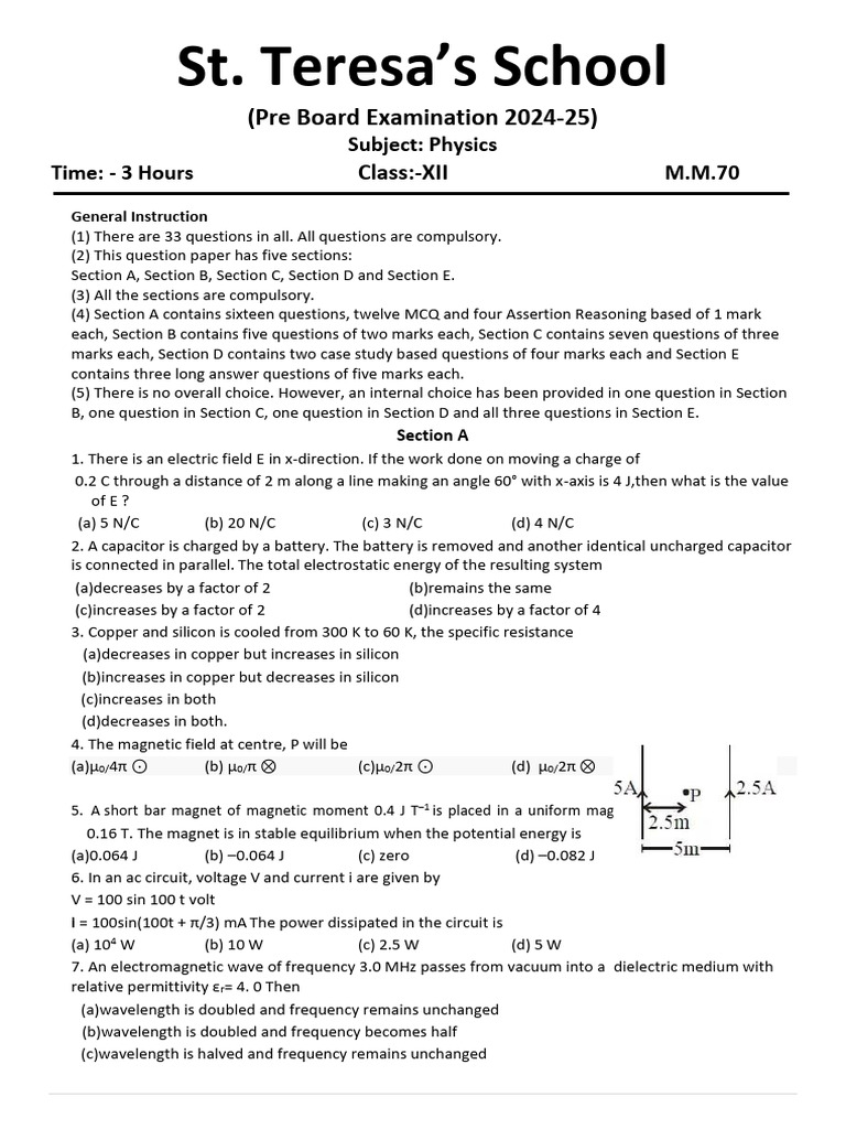 Physics Pre Board Exam Paper 2024-25 | PDF | Inductance | Inductor
