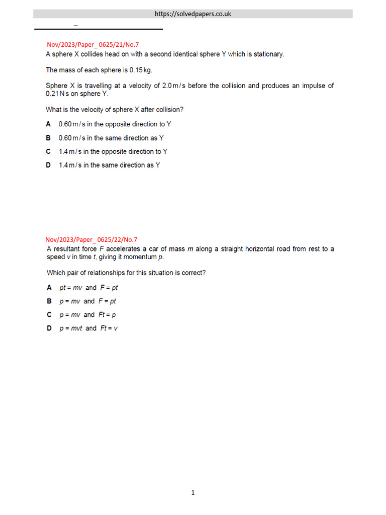 IGCSE Physics Momentum Past Papers | PDF