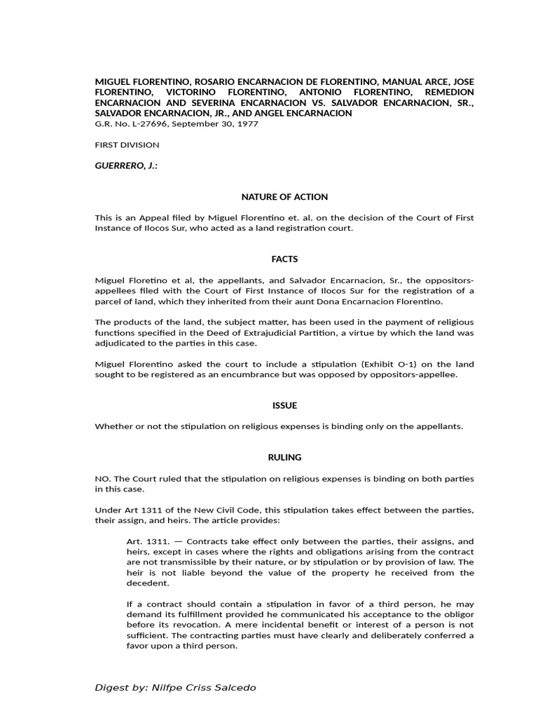ObliCon Case Digest - Florentino vs. Encarnacion | PDF | Appeal | Public Law