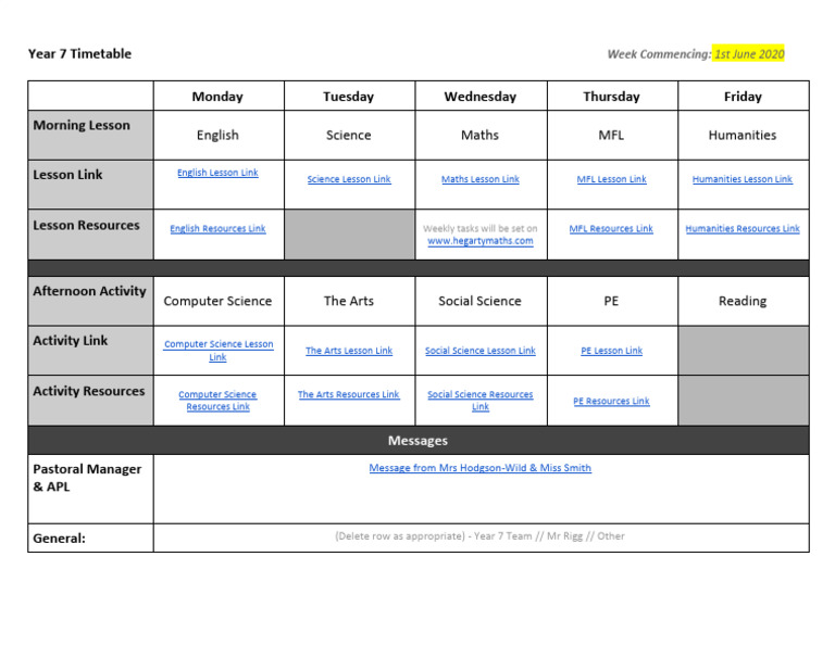 Year 7 Timetable WEEK 1 2 | PDF