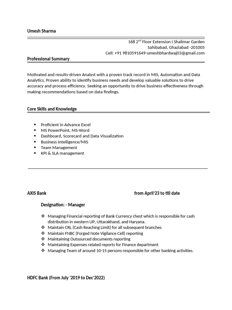 Umesh Sharma Resume | PDF | Cash | Banks