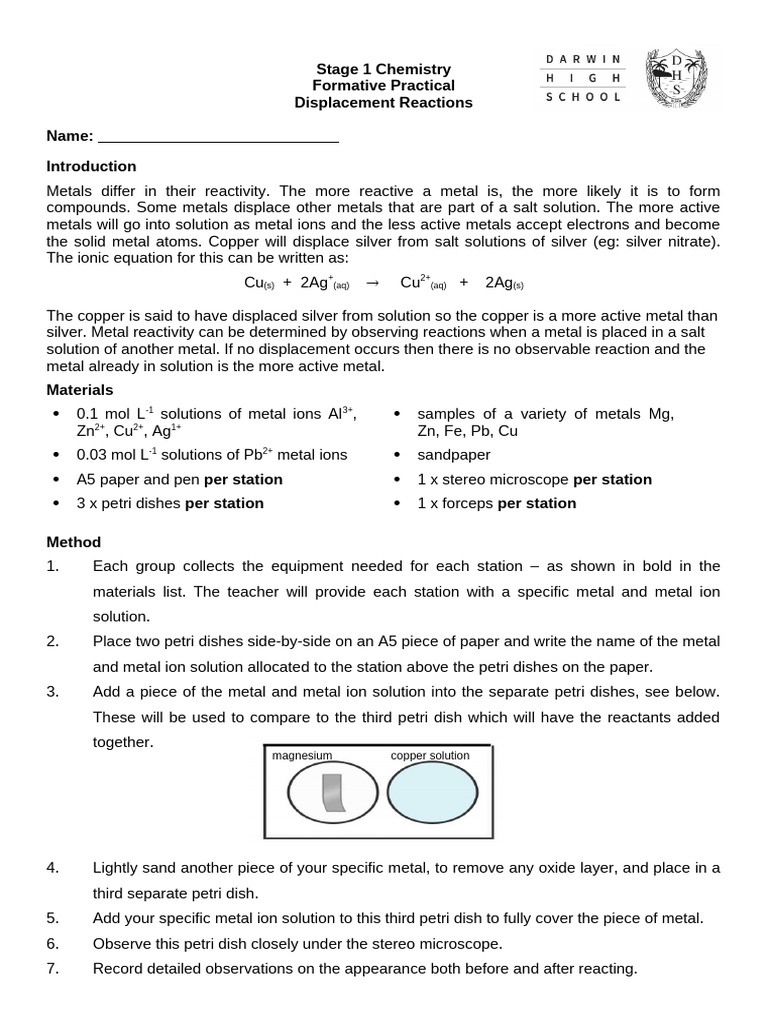 1a. Displacement Reactions Positive Stations | PDF | Redox | Metals