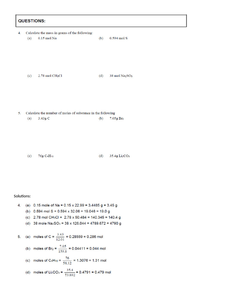 2 Molar Mass Moles and Mass Questions From Old Essentials | PDF