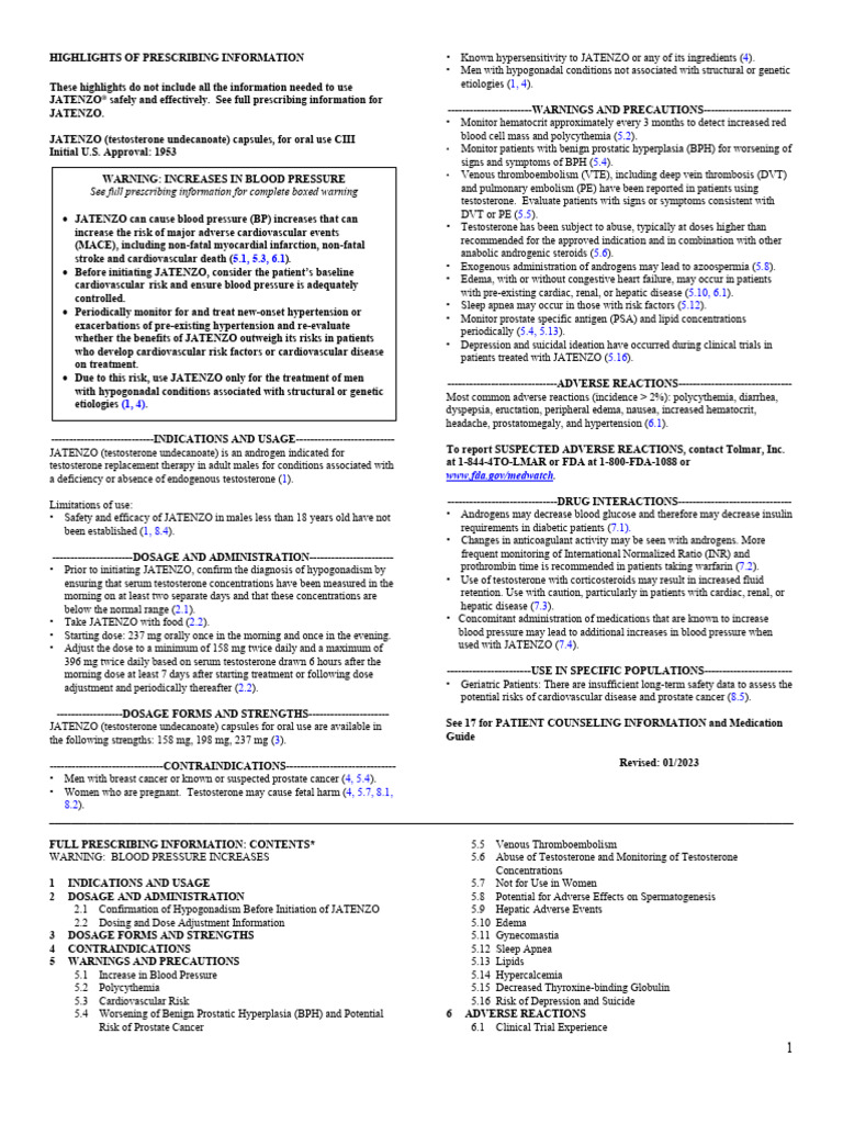 Jatenzo Prescribing Information 2023 | PDF | Testosterone | Hypertension