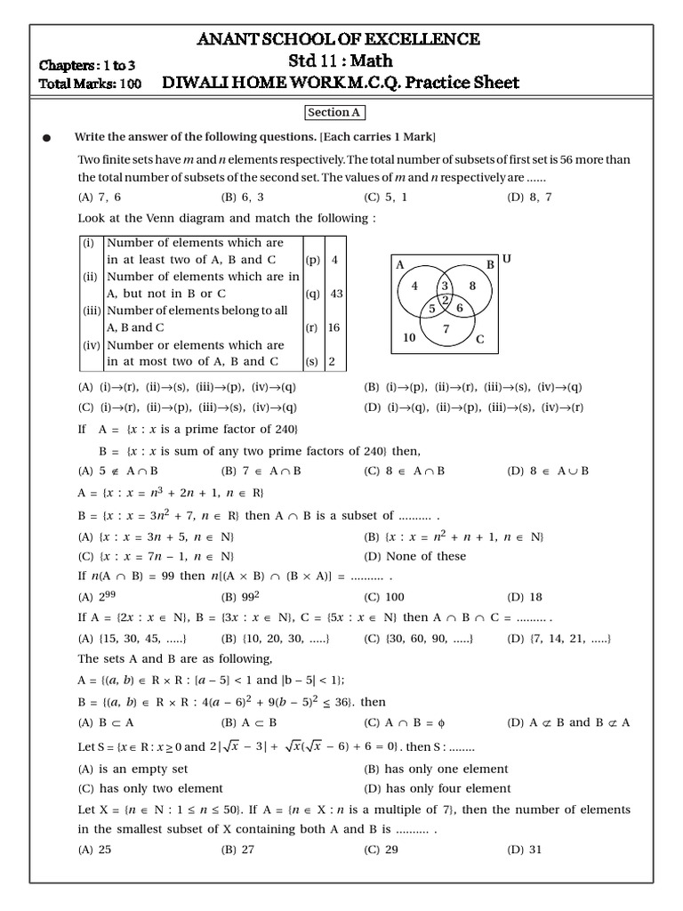 Diwali Home Work MCQ Sheet Chapter 1 To 4 | PDF | Circle | Mathematical ...