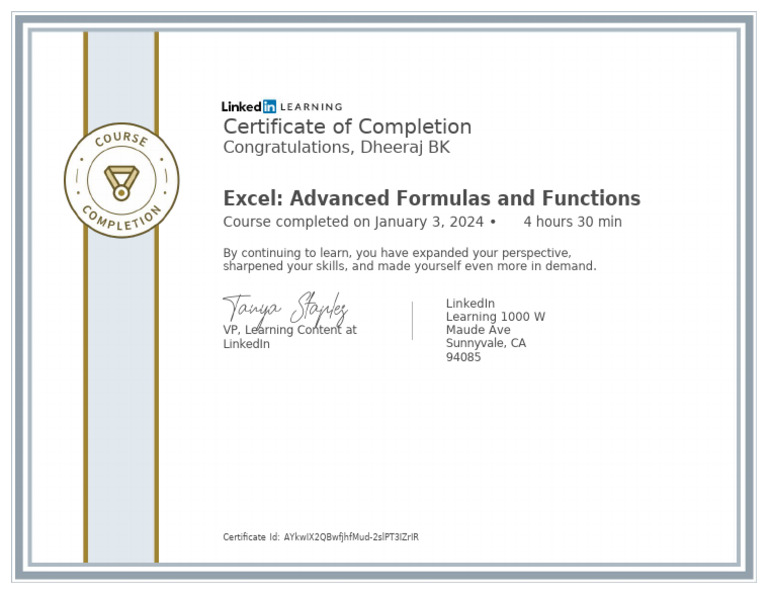 CertificateOfCompletion_Excel_ Advanced Formulas and Functions | PDF